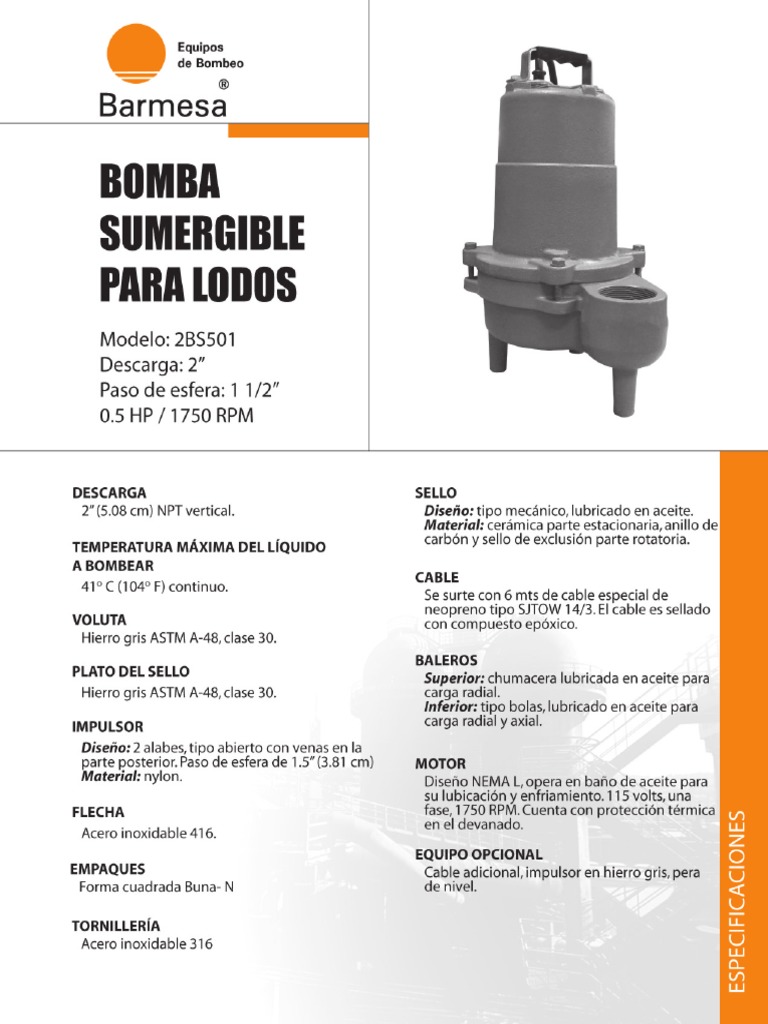 Ficha Tecnica Bomba Sumergible Lodo Barnes 2BS501 | PDF
