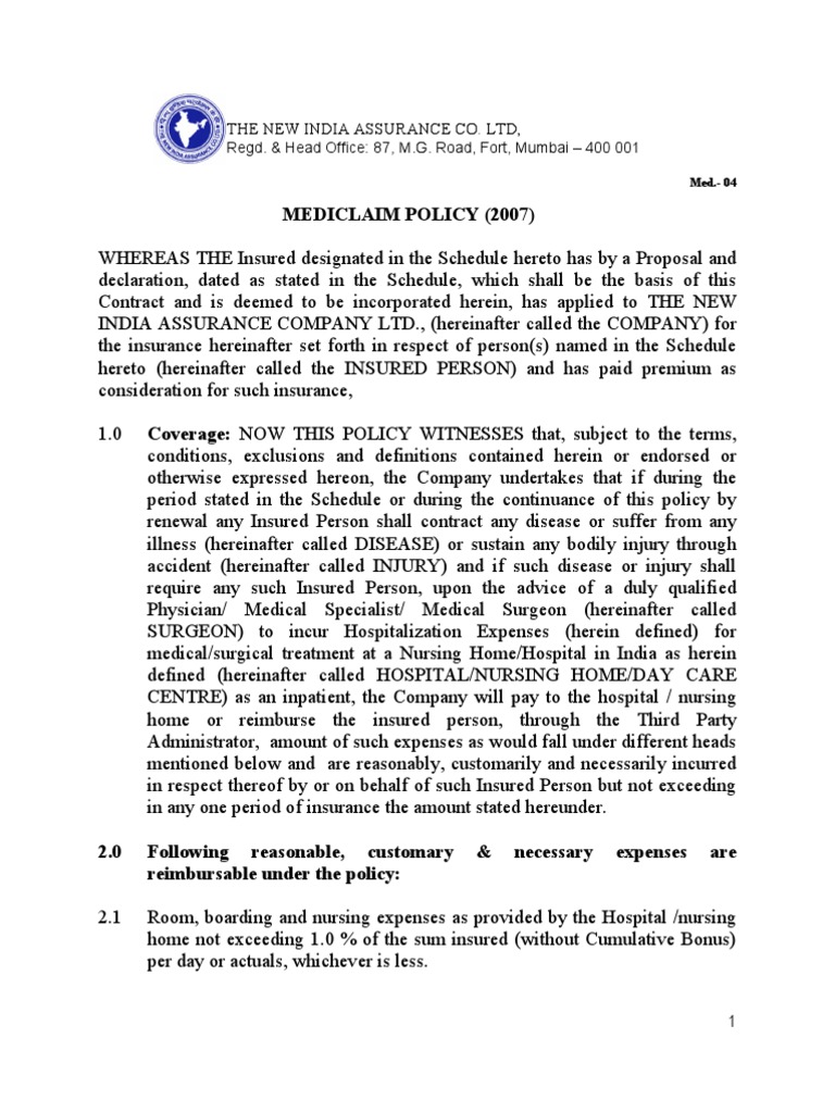 Mediclaim Policy (2007) : The New India Assurance Co. LTD | PDF ...