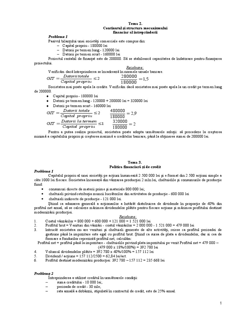 Probleme Rezolvate Finantele Intreprinderii Conspecte MD PDF | PDF
