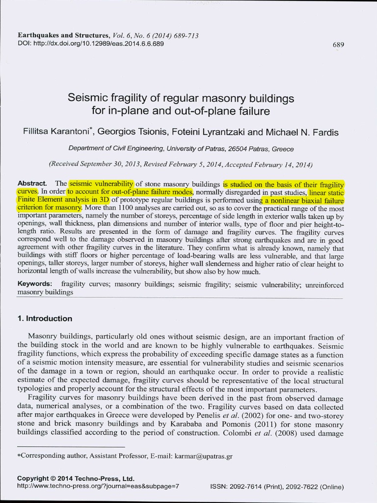 Seismic Fragility of Regular Masonry Buildings For In-Plane and Out-Of ...