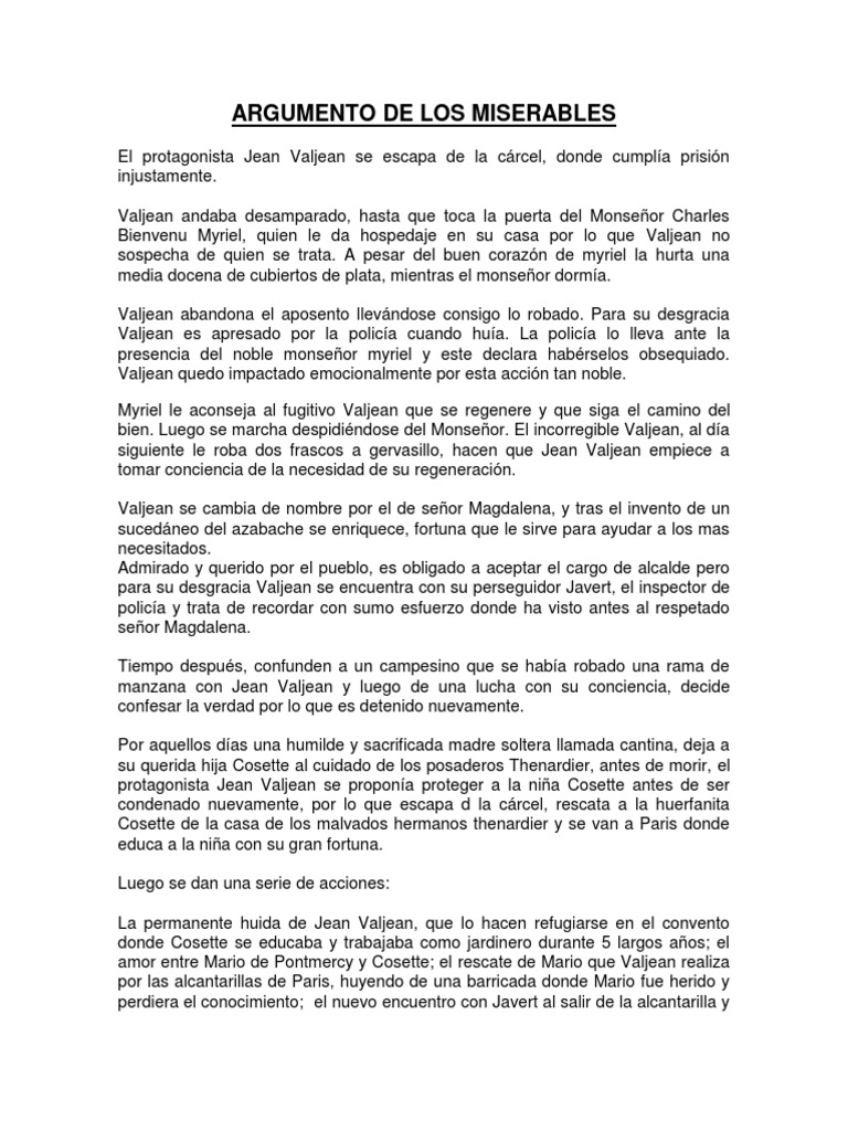 Argumento de Los Miserables | PDF | Los Miserables | Libros sobre Paris
