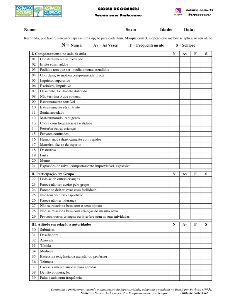 Escala de Conners - Versão para Professores | PDF