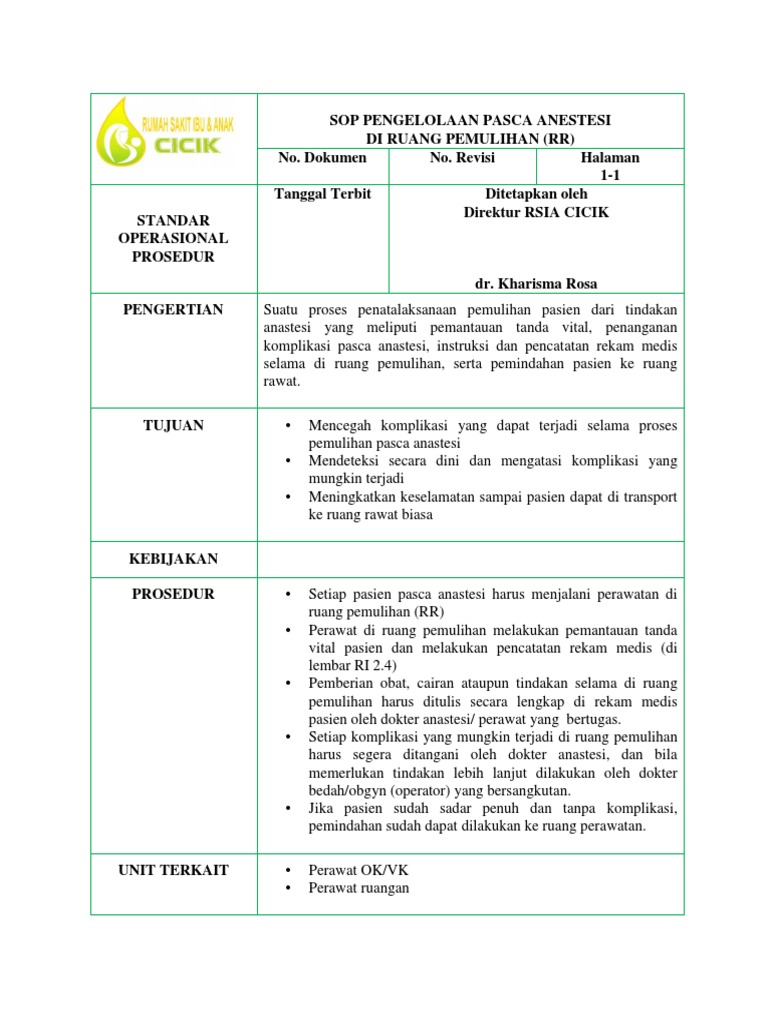 Sop Pengelolaan Pasca Anestesi | PDF