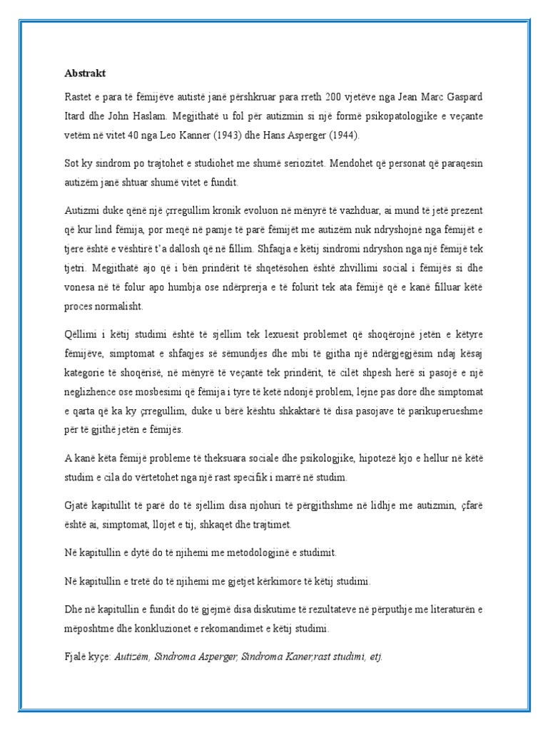 Teme Diplome Fmijt Me Autizm Rast Studimi | PDF