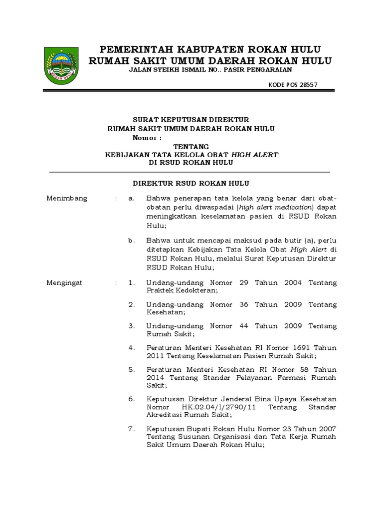 Kebijakan Obat High Alert RSUD Rokan Hulu | PDF | Pengembangan Diri