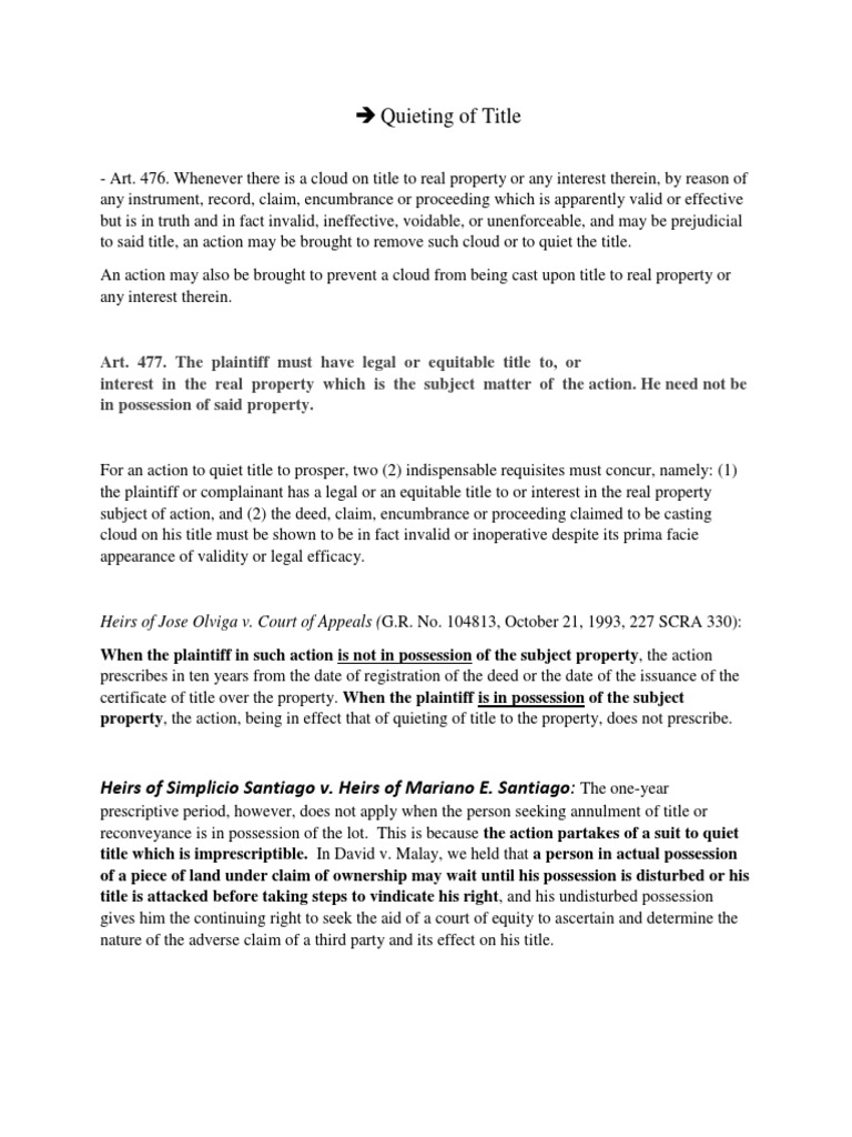 Quieting Title Action | PDF | Title (Property) | Natural Resources Law