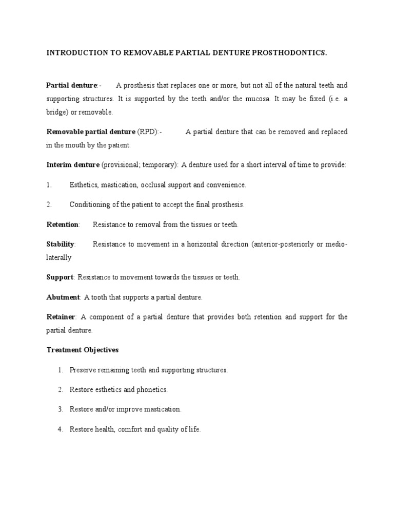 Introduction To Removable Partial Dentures | PDF | Dentures | Human Tooth