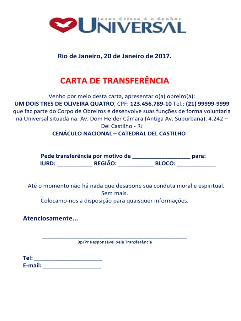 (MODELO) CARTA DE TRANSFERÊNCIAcc | PDF | Finanças e Administração de ...