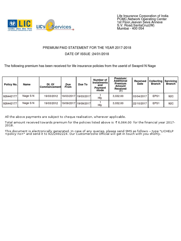LIC Premium Paid Statement 2017-2018 | PDF | Insurance | Personal Finance