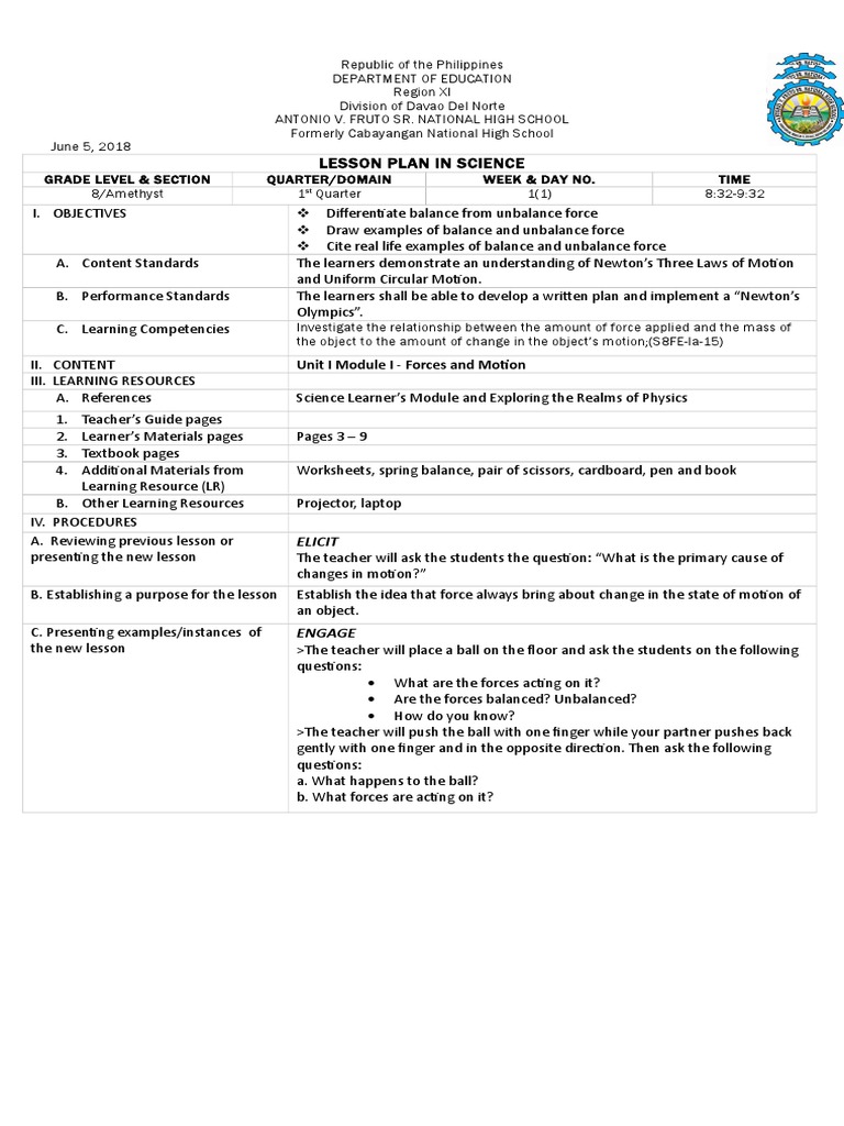 Balanced vs. Unbalanced Forces Lesson Plan | PDF | Force | Teachers