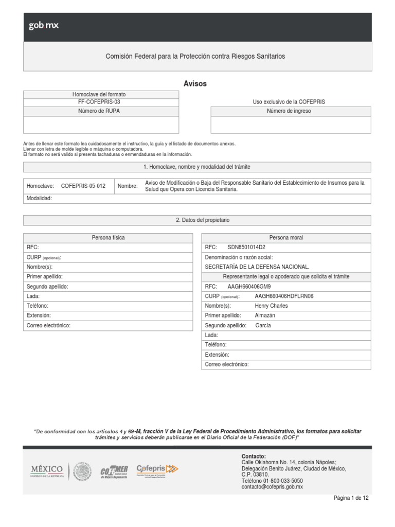 Formato de Aviso Sanitario COFEPRIS | PDF | Ciudad de México | México