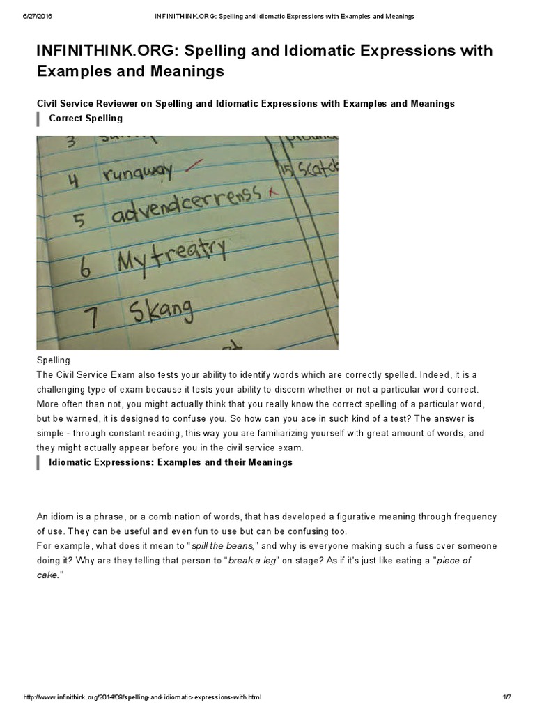 Spelling and Idiomatic Expressions With Examples and Meanings ...