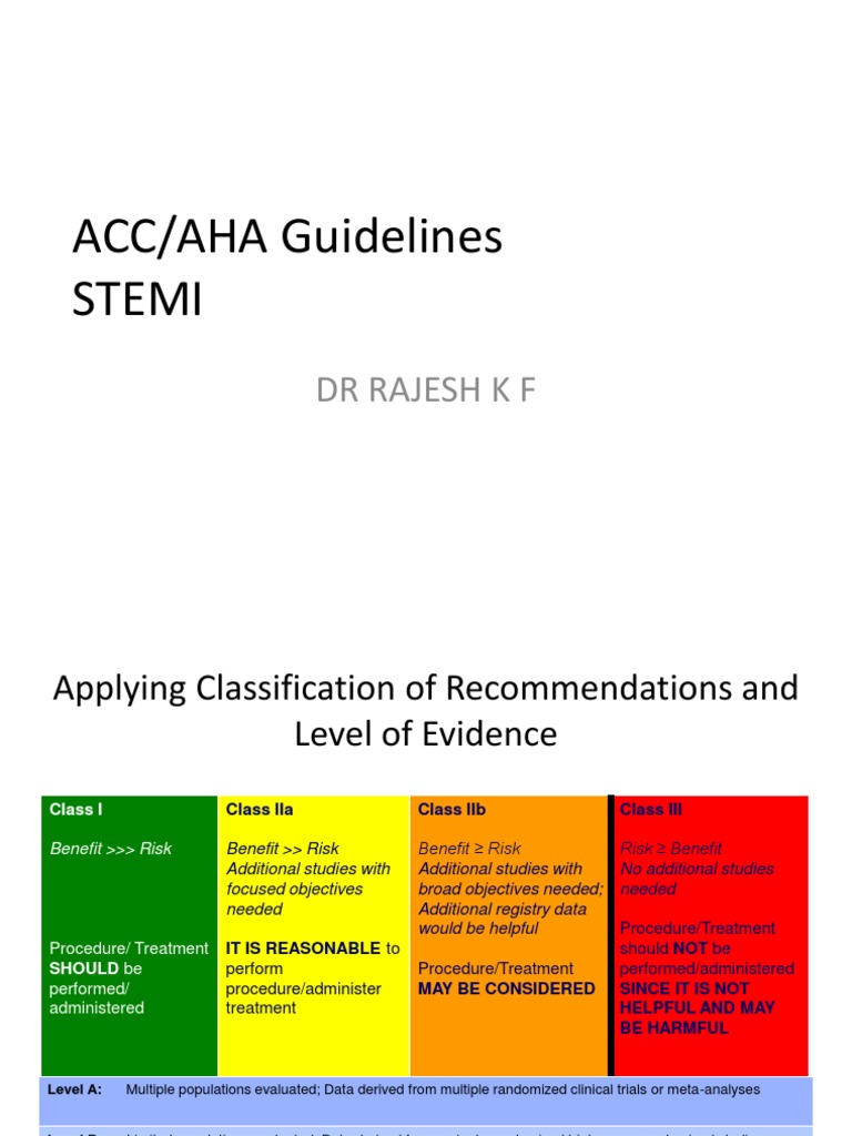 ACC/AHA Guidelines Stemi: DR Rajesh K F | PDF | Myocardial Infarction ...
