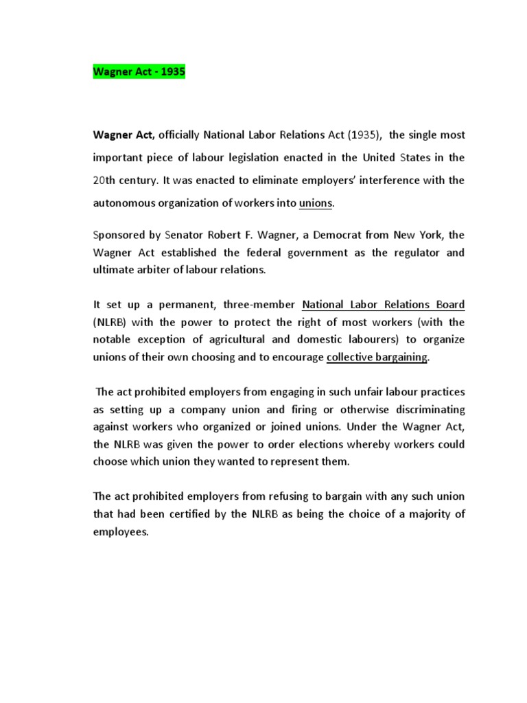 Overview of the Wagner Act (1935) | PDF