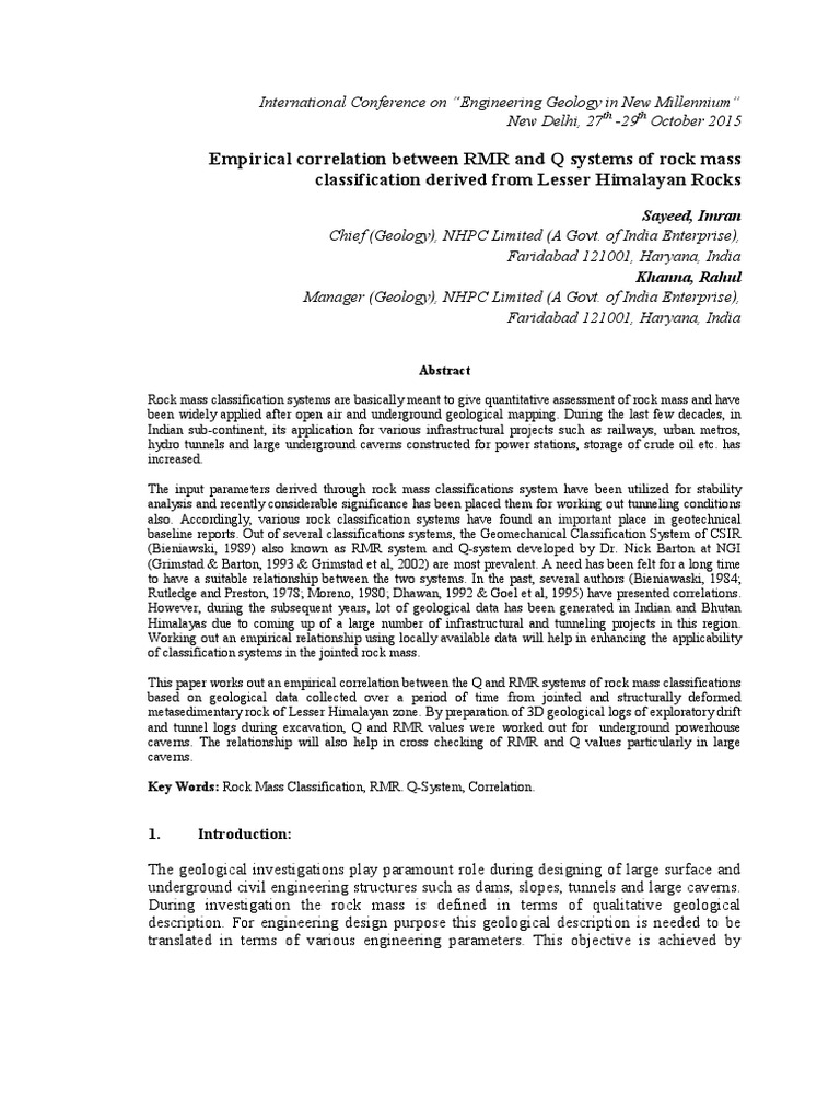 Empirical Correlation Between RMR and Q Systems For Lesser Himalayan ...