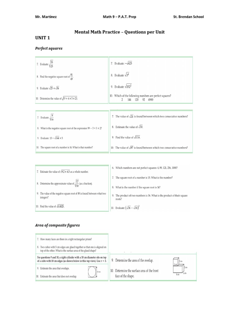 Mental Math Practice - Questions Per Unit Unit 1: Perfect Squares | PDF