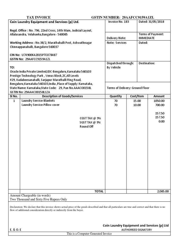 183 Oracle | PDF | Bangalore | Invoice