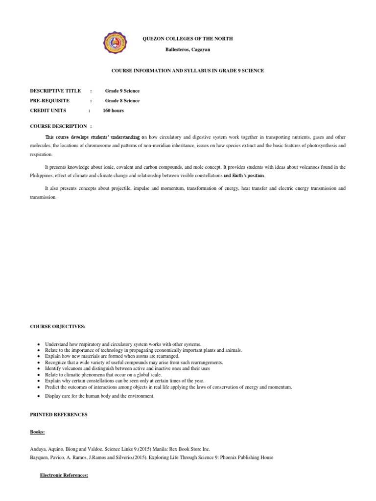Grade 9 Science Syllabus | PDF | Chemical Bond | Chemical Compounds
