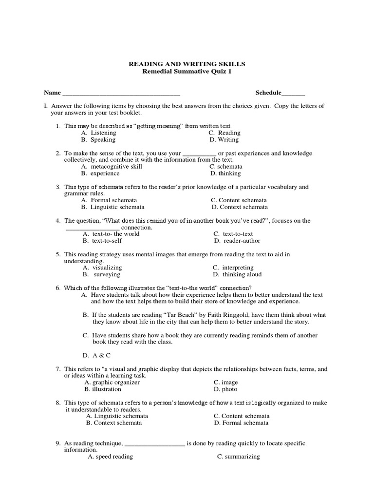 Reading and Writing Remedial Exam 1 | PDF | Conceptual Model | Reading ...