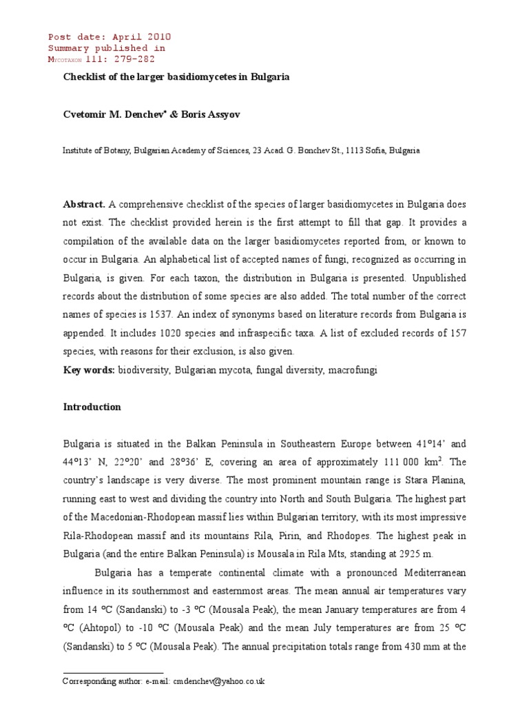 Checklist of The Larger Basidiomycetes in Bulgaria | PDF | Bulgaria ...