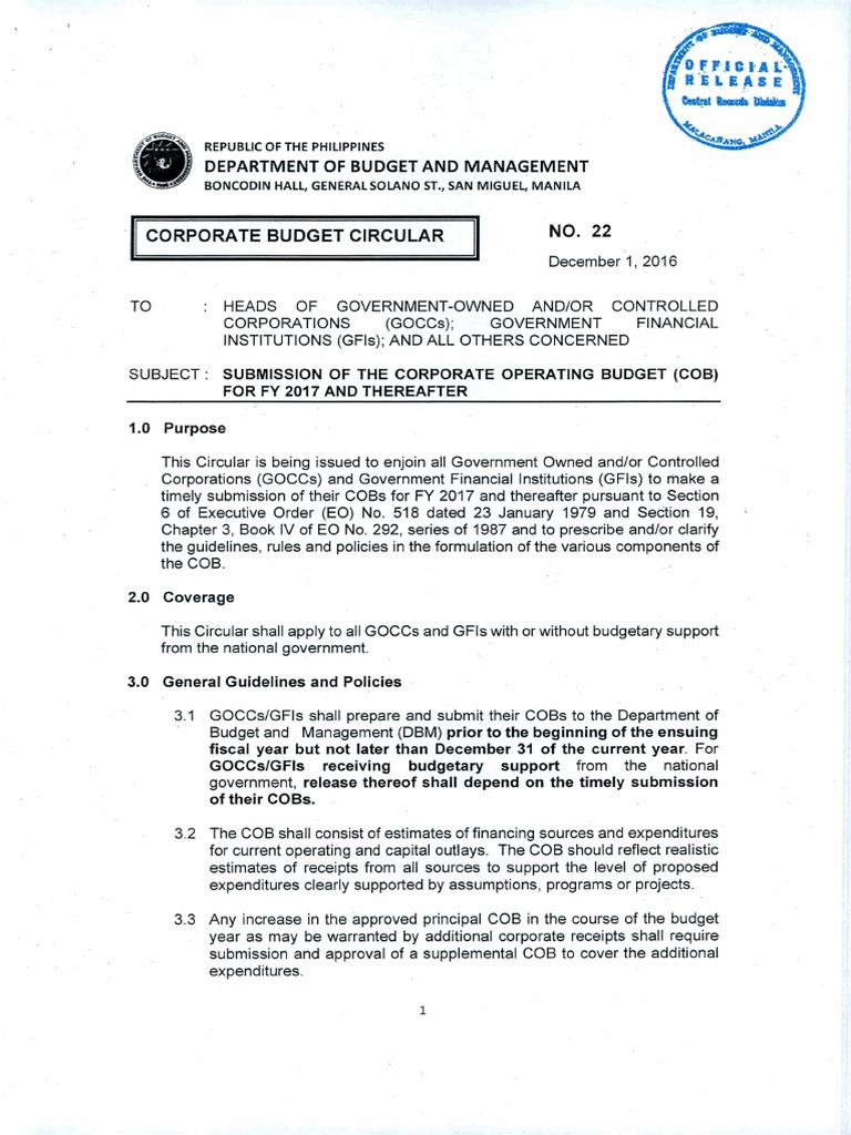 DBM Corp Budget Circular 22 | Budget | Government