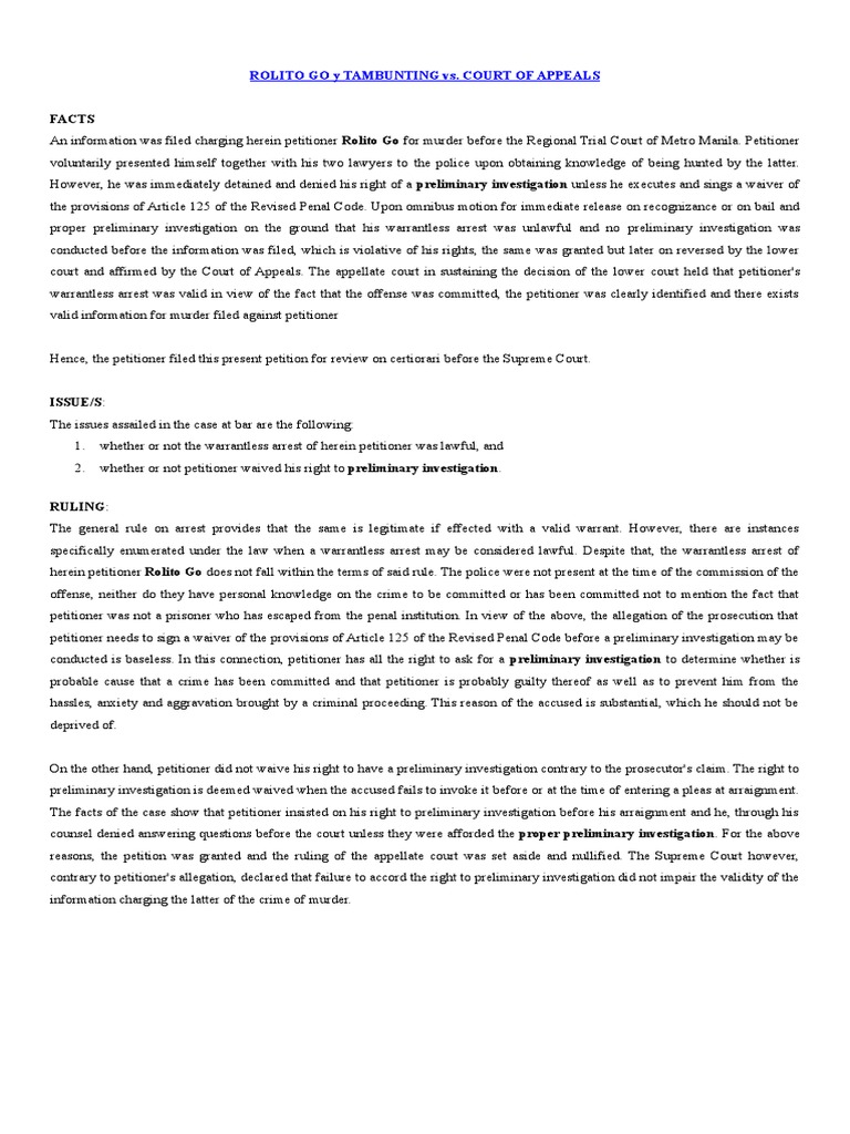 ROLITO GO y TAMBUNTING vs. COURT OF APPEALS | PDF | Search Warrant | Rape