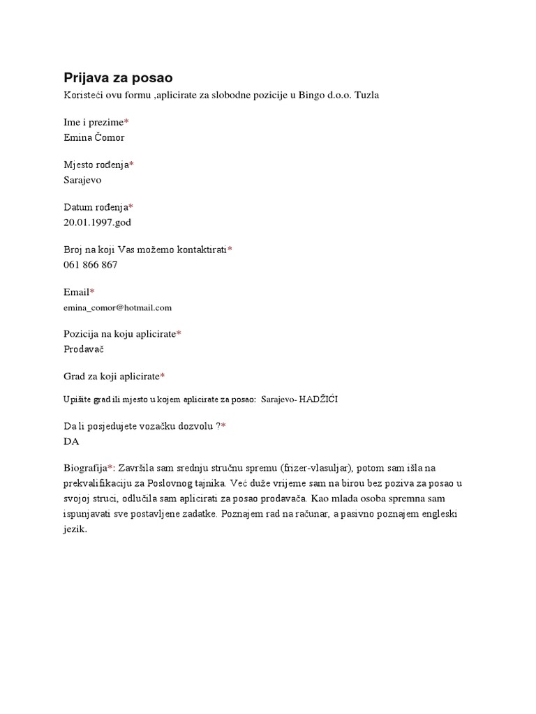 Prijava Za Posao | PDF
