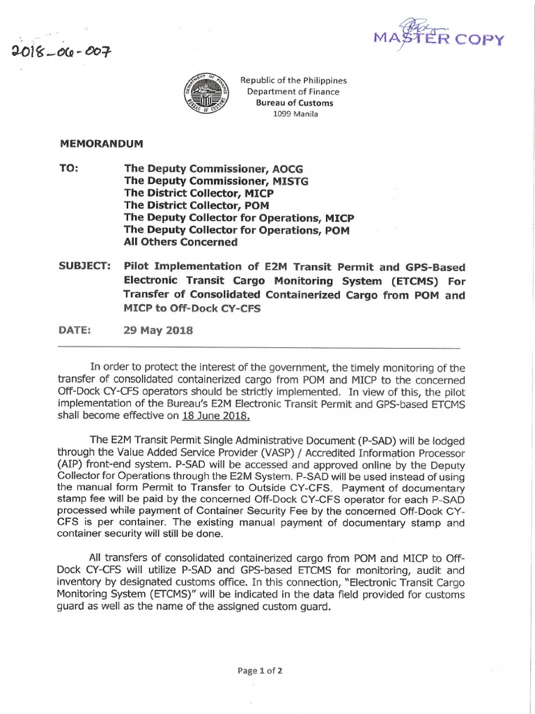 BOC Memo-2018-06-007 Pilot Implementation of E2M Transit Permit