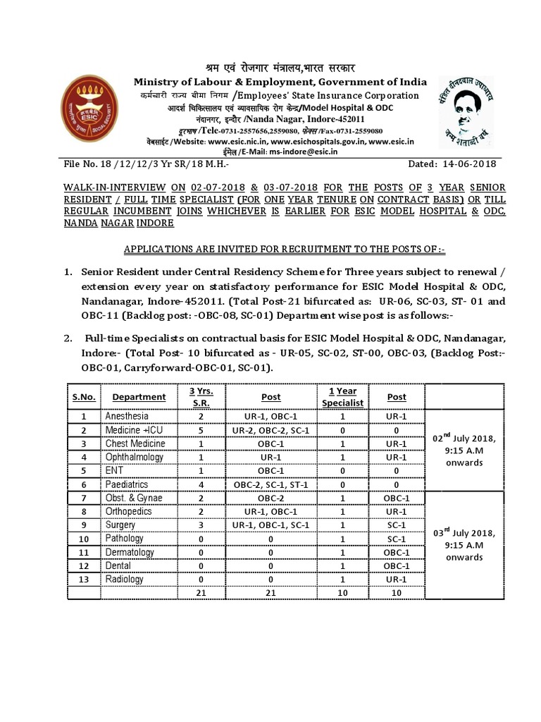 Notification ESIC Model Hospital ODC Indore SR Resident Full Time Specialist Posts | PDF ...
