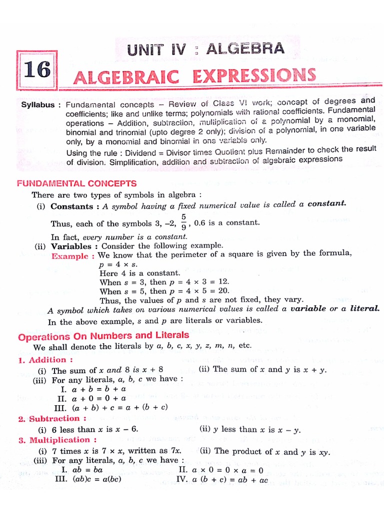 Algebraic Expressions Icse Class 7 Maths by Rs Agarwal | PDF