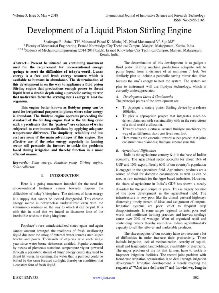 Development of A Liquid Piston Stirling Engine | PDF | Engines | Pump