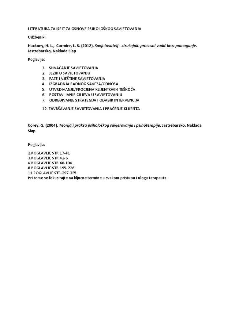 Literatura Za Ispit Za Osnove Psihološkog Savjetovanja | PDF