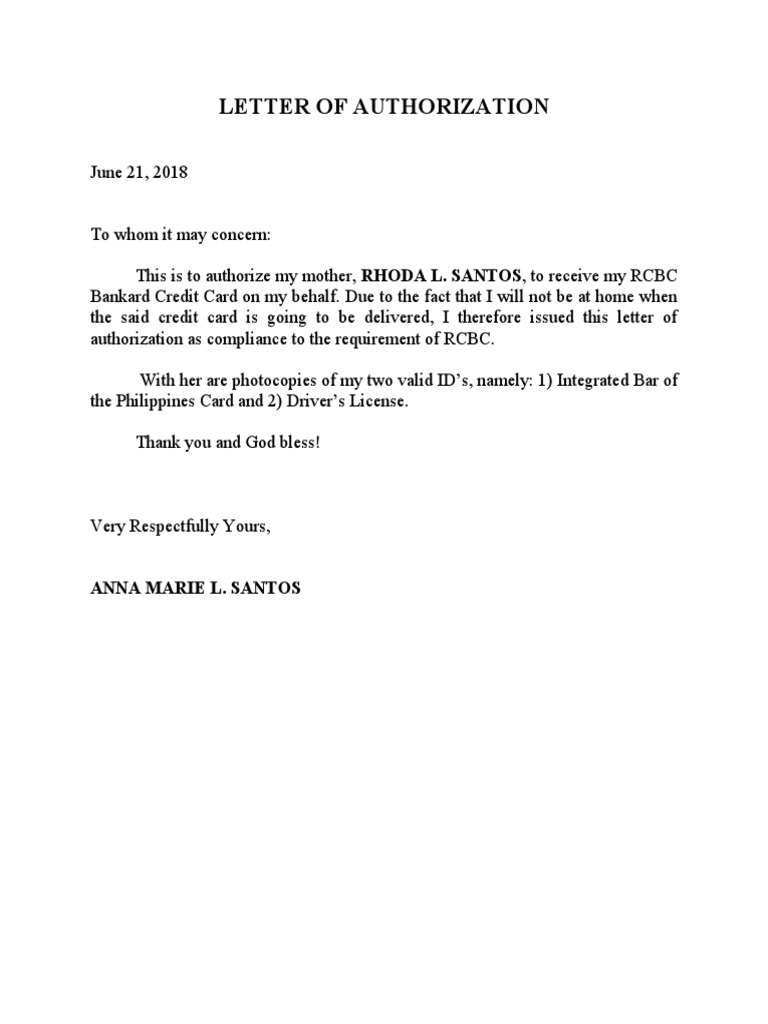 Letter of Authorization RCBC | PDF | Government And Personhood | Access ...