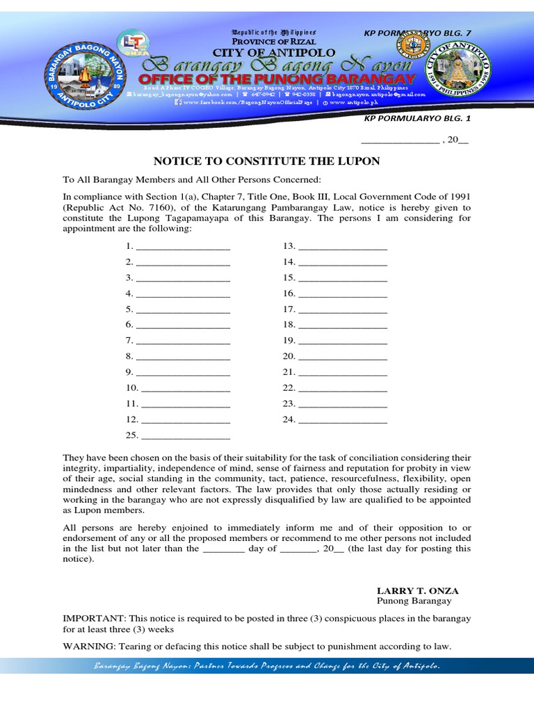 KP Form #1 (Notice To Constitute The Lupon) | PDF | Virtue | Social ...