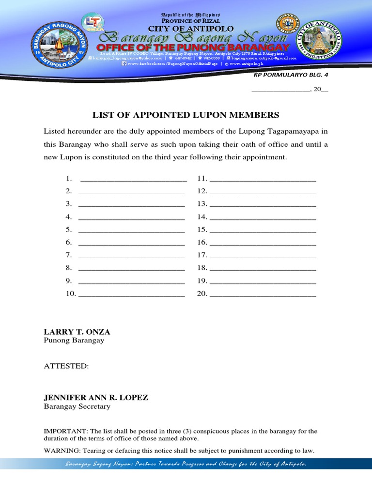 KP Form #4 (List of Appointed Lupon Members) | PDF