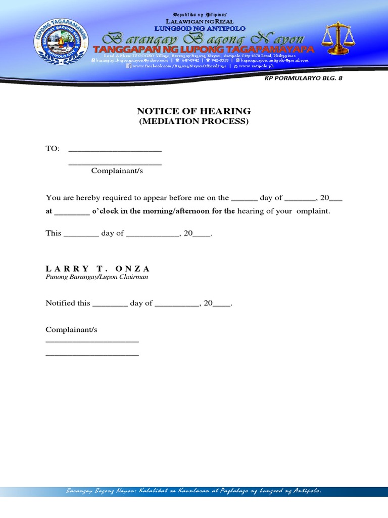 KP Form #8 (Notice of Hearing) | PDF