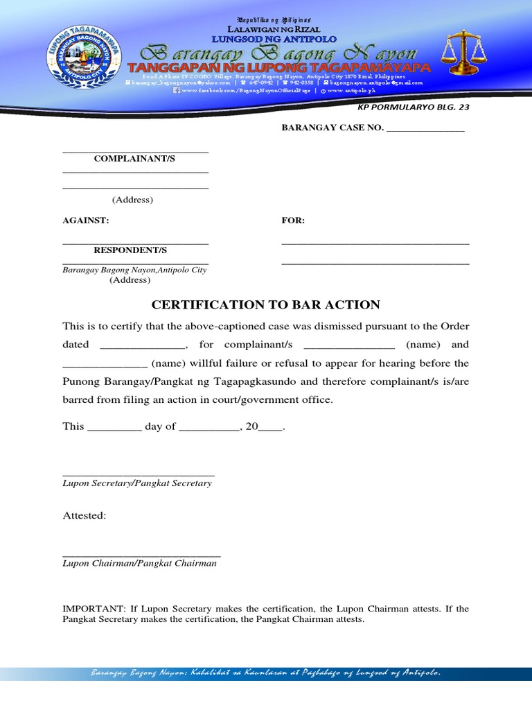 KP Form #23 (Certification To Bar Action) | PDF
