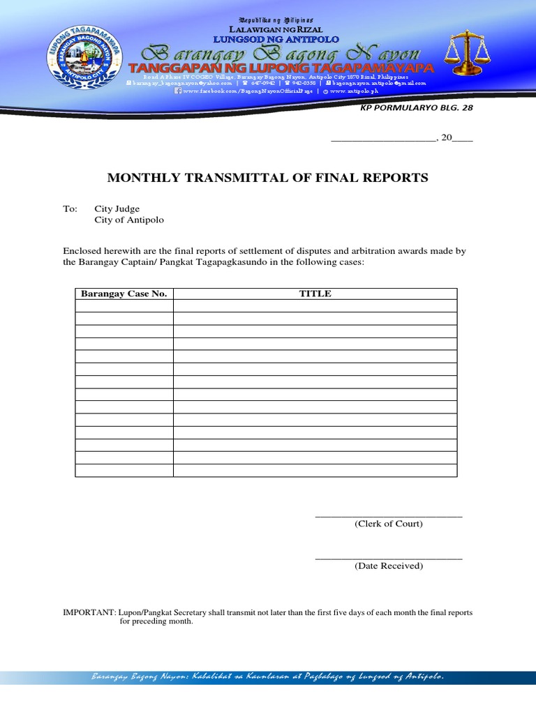 KP Form #28 (Monthly Transmittal of Final Reports)