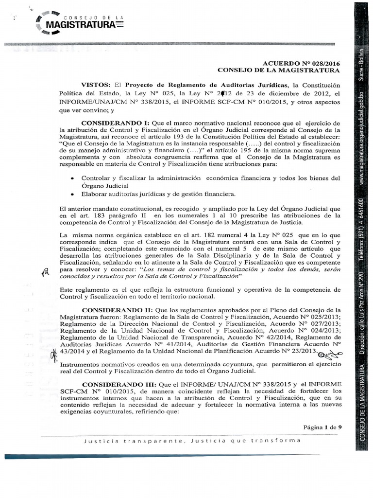Acuerdo No 028-2016 Reglamento de Auditoria Juridica | PDF