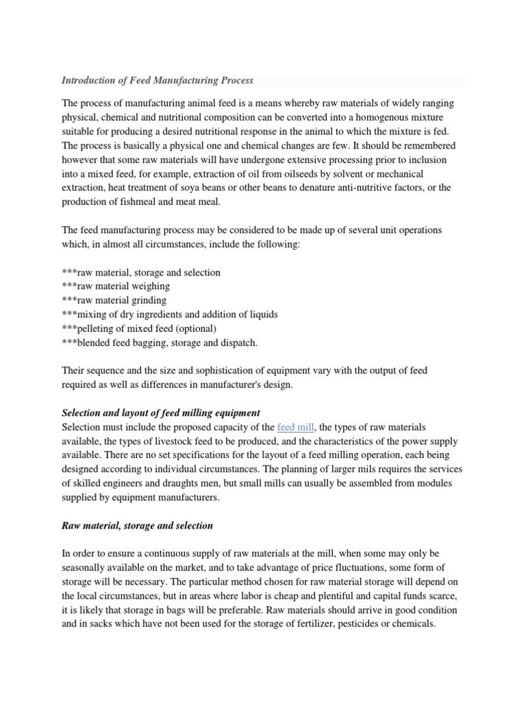 Feed Manufacturing Process | PDF | Animal Feed | Mill (Grinding)