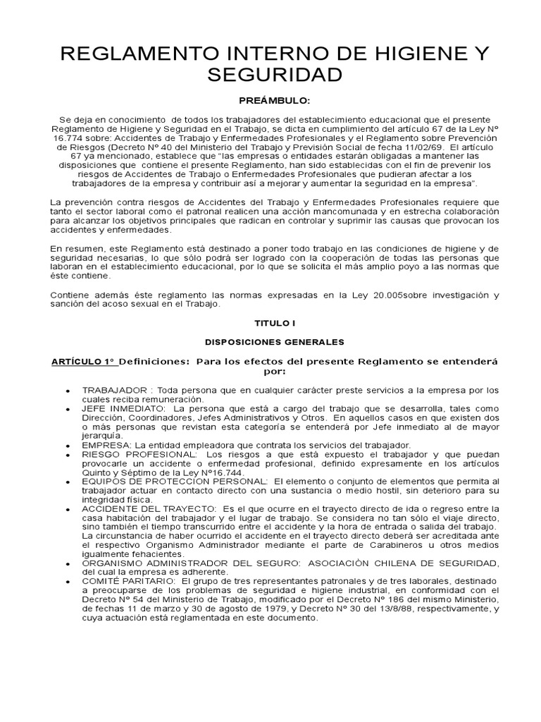 Reglamento Interno de Higiene y Seguridad | PDF | Seguridad y salud ocupacional | Regulación