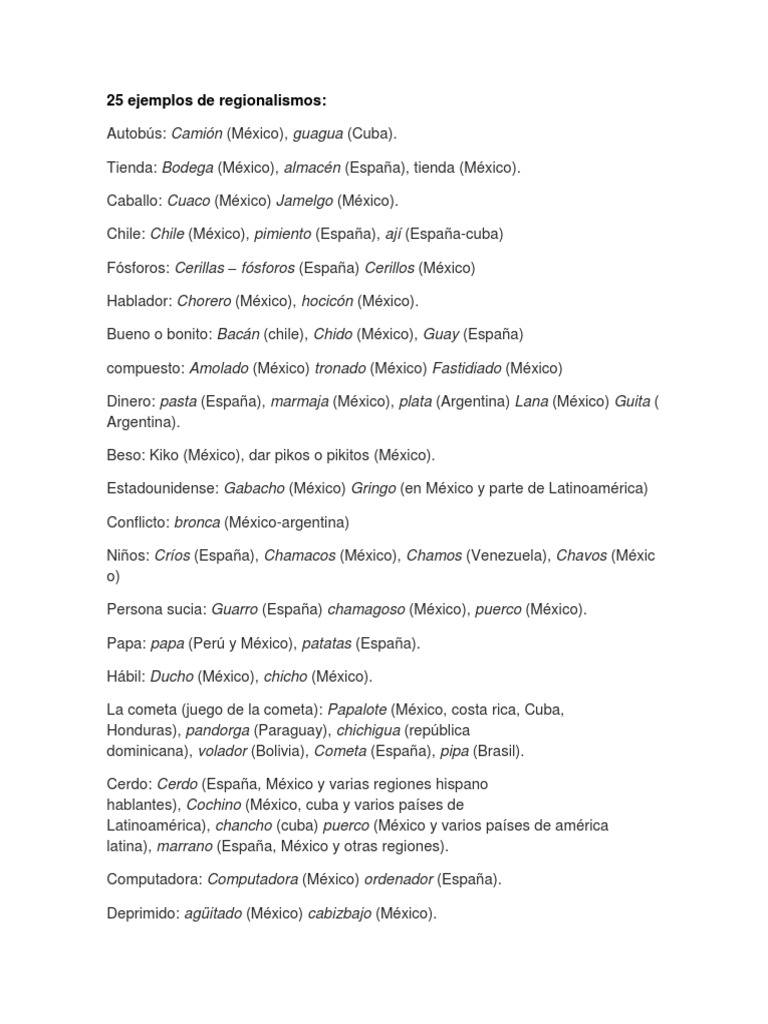 25 Ejemplos de Regionalismos