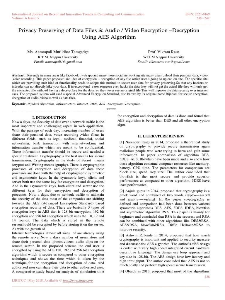 Privacy Preserving of Data Files & Audio / Video Encryption - Decryption Using AES Algorithm ...