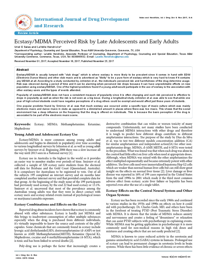 Ecstasy/MDMA Perceived Risk by Late Adolescents and Early Adults | PDF ...