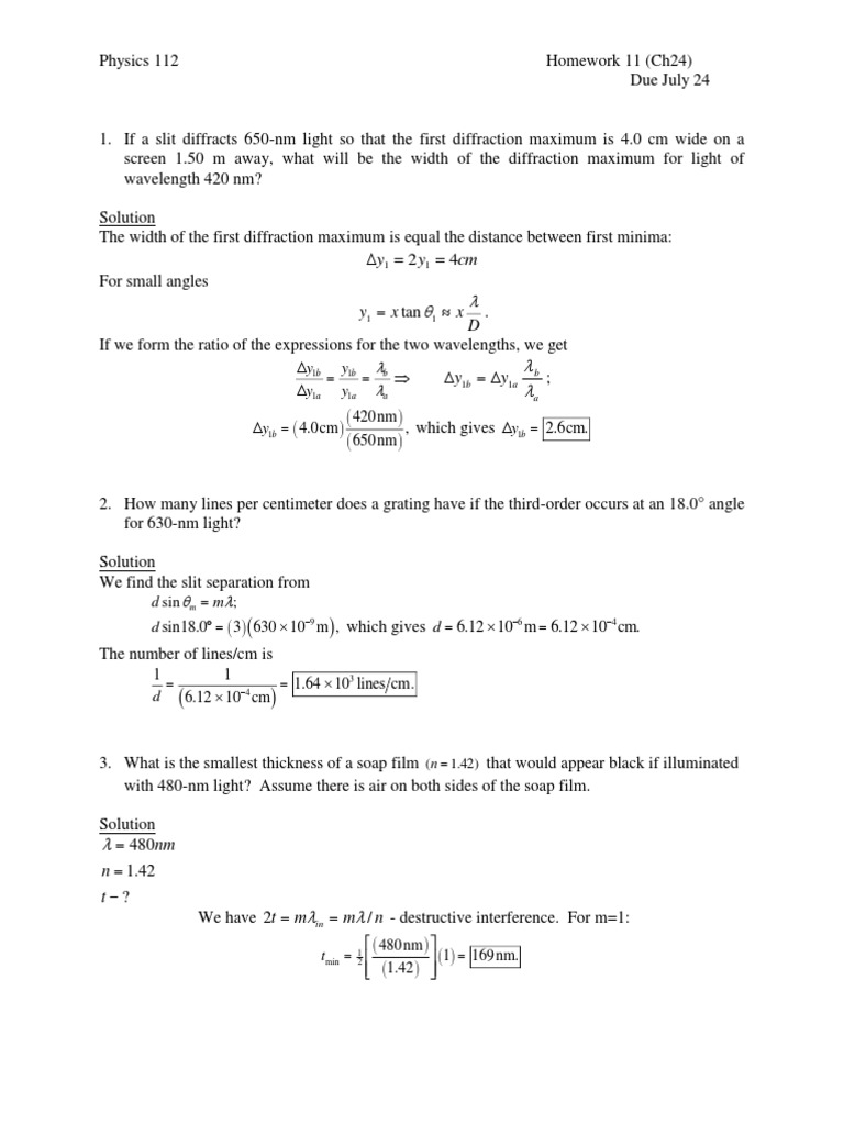 hw11 Solutions | PDF | Wavelength | Diffraction