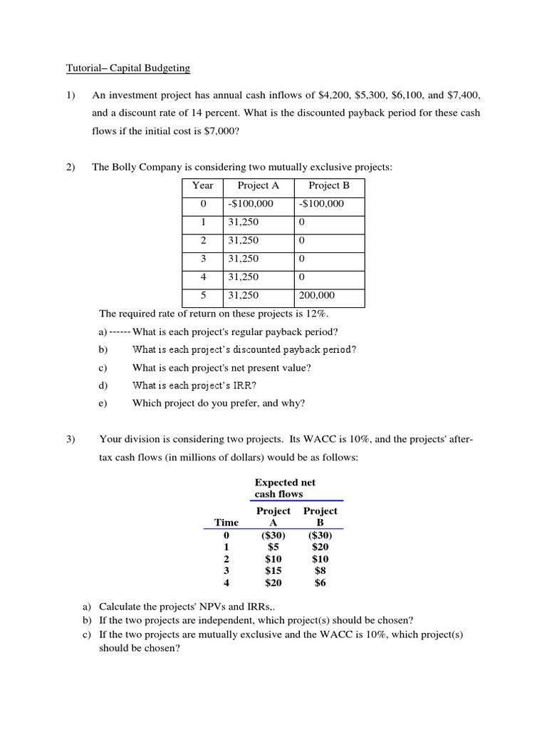 Tutorial 8 Capital Budgeting Pdf Pdf