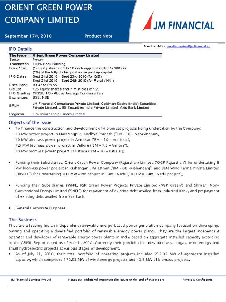 Orient Green Power Company Limited - Product Note | PDF | Clean ...