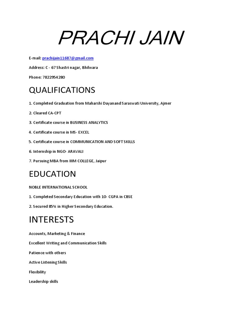 Prachi Jain: Qualifications | PDF