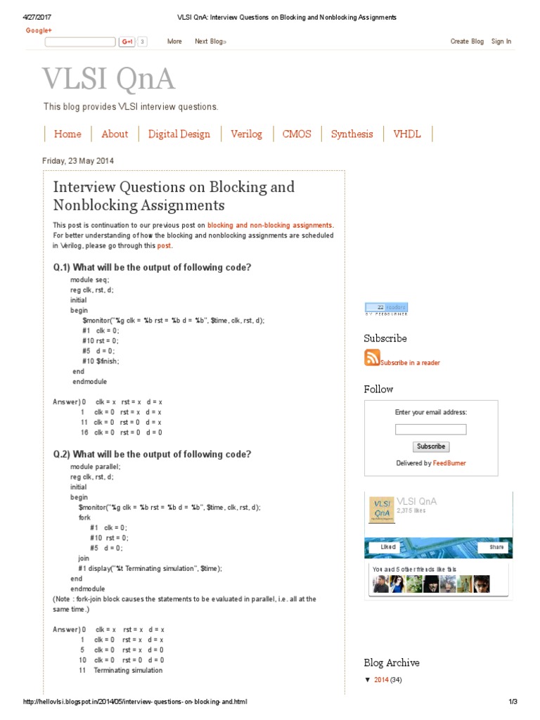 Vlsi Qna Interview Questions On Blocking And Nonblocking Assignments Pdf Computer 5321
