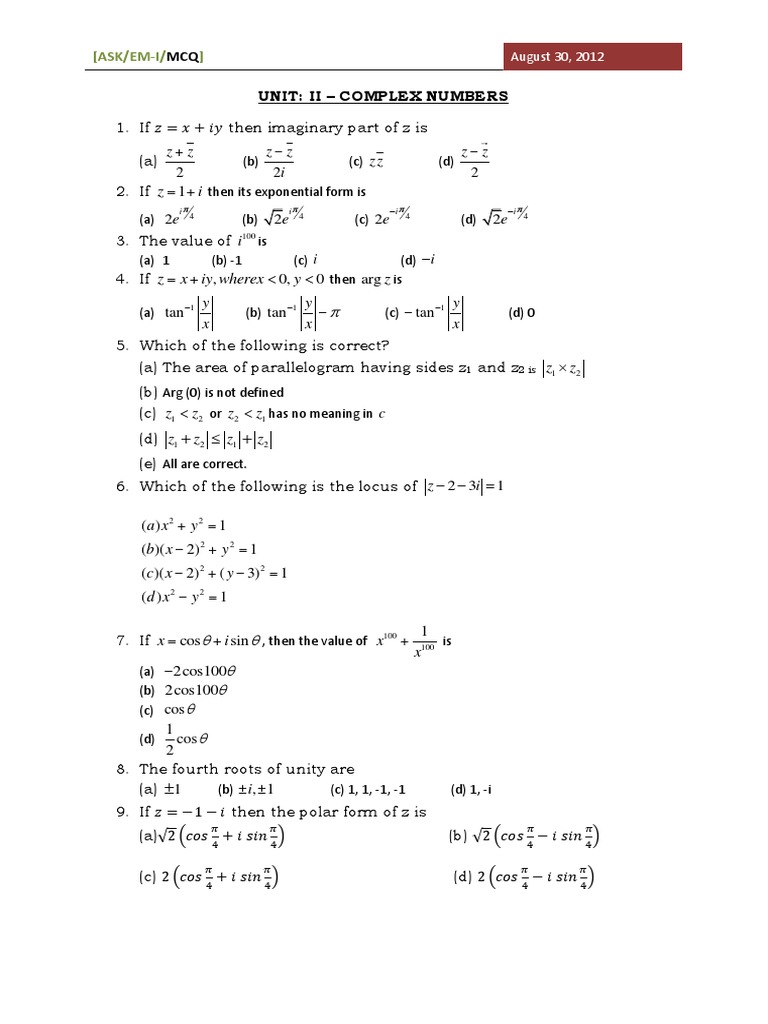 Complex Numbers MCQs | PDF | Mathematical Concepts | Complex Analysis